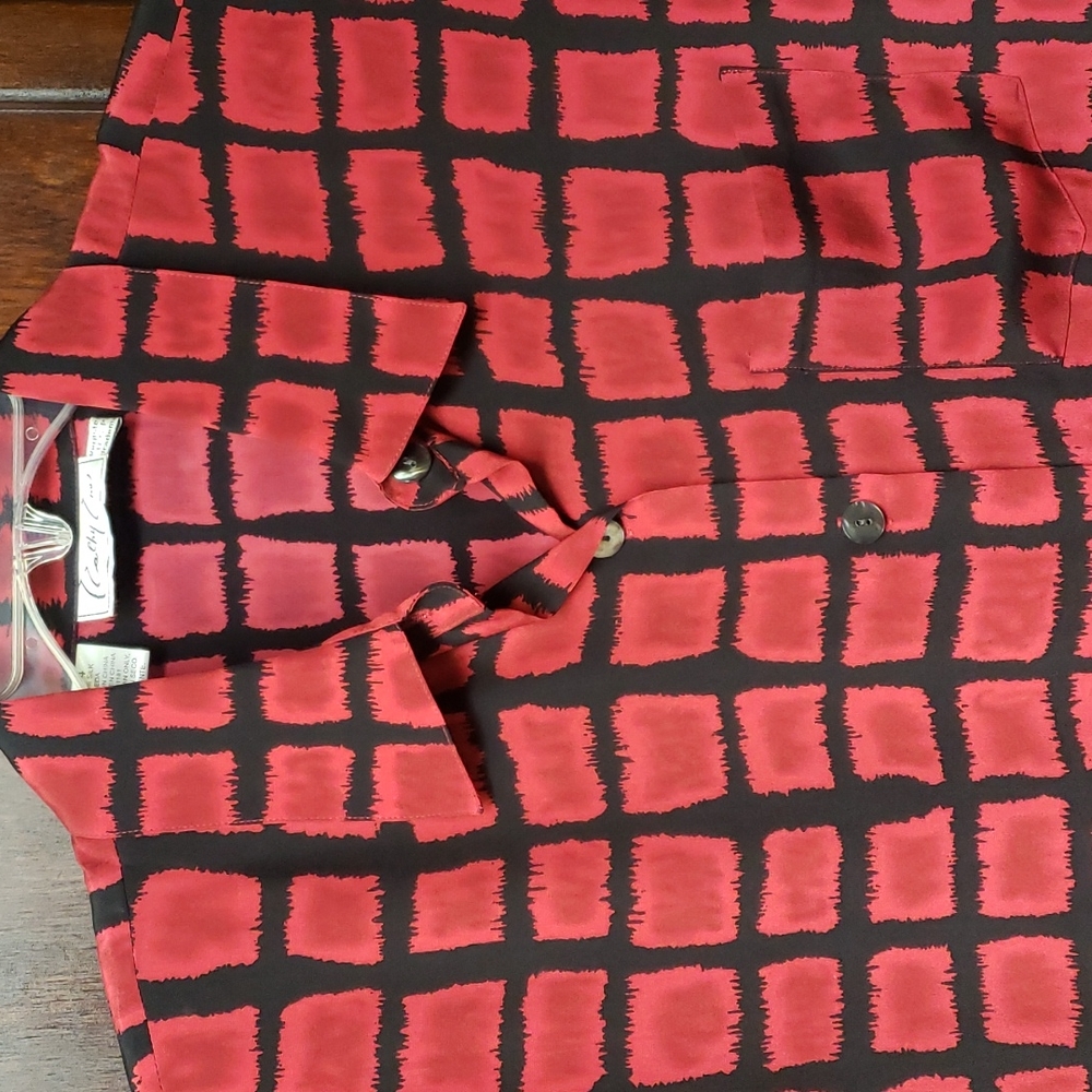 100% Silk 90s Red & Black Block Pattern Blouse Top Ka… - Gem